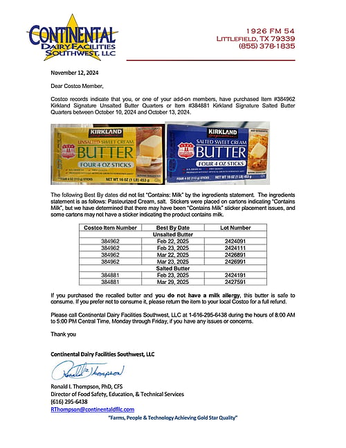 Costco Recalls 80,000 Pounds of Butter Due to Missing Milk Allergen Label
