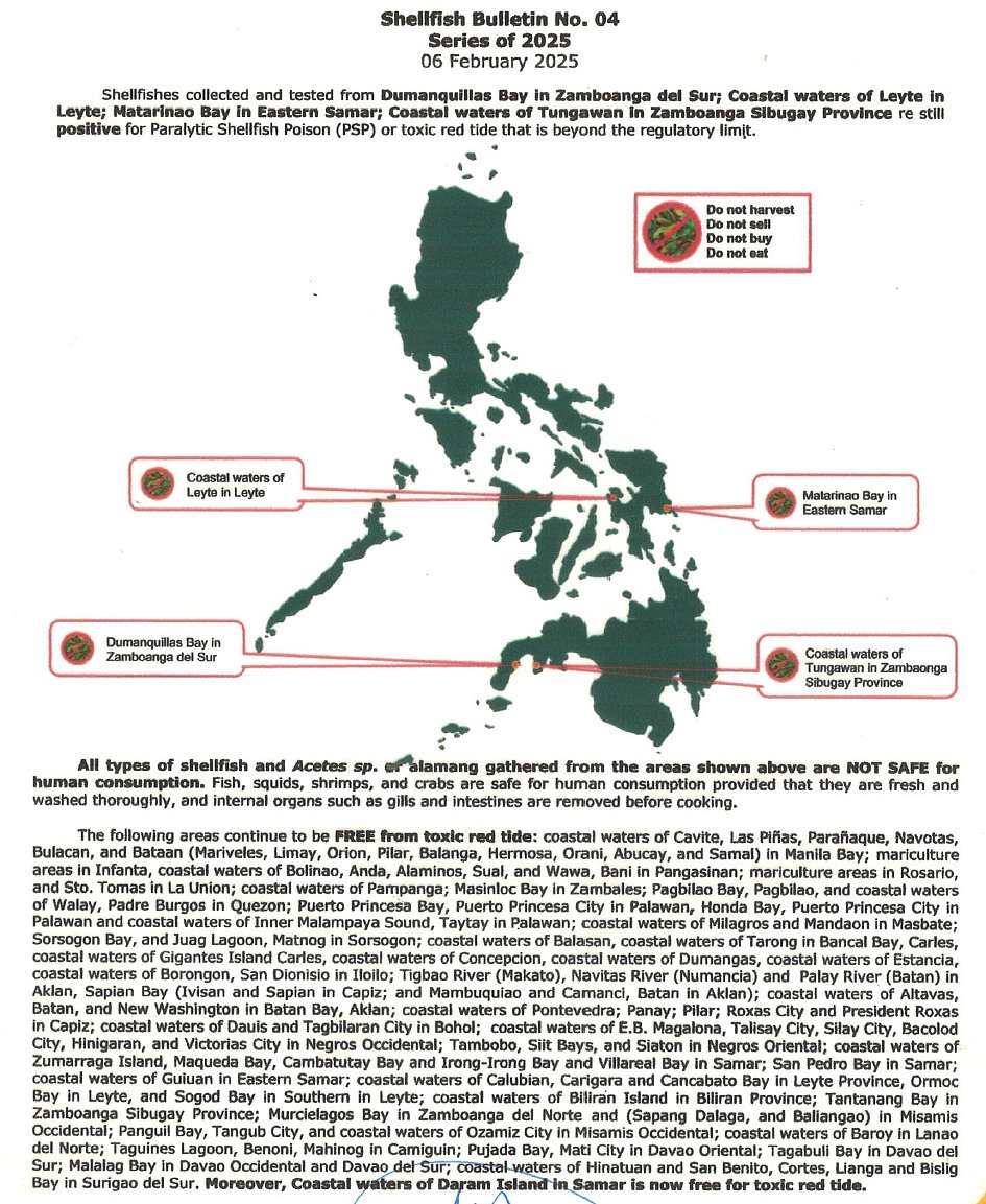 BFAR warns of red tide in several coastal areas