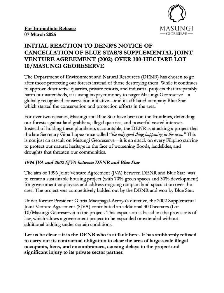 Masungi Georeserve Slams DENR for Terminating JV with Blue Star