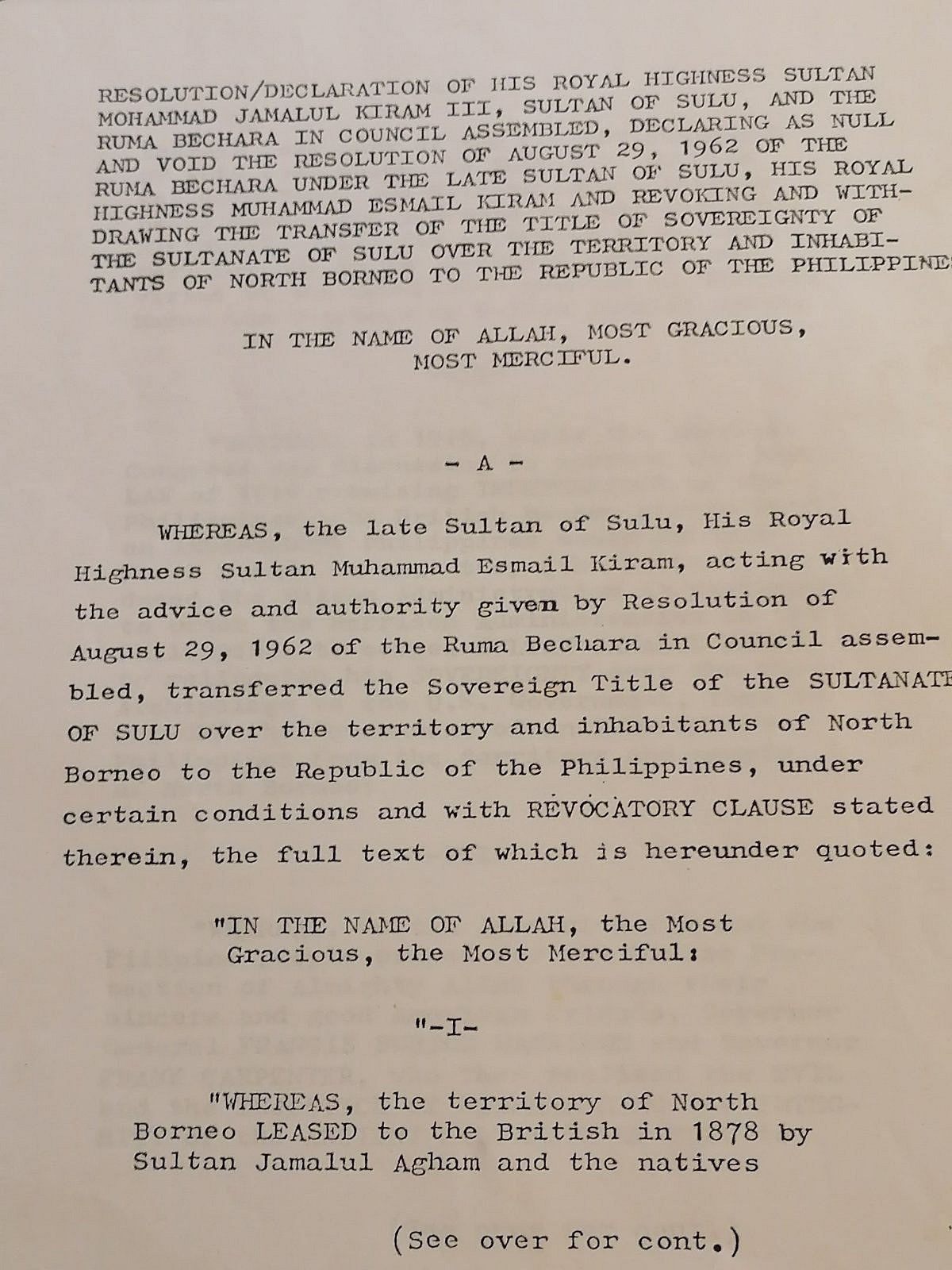 Sultanate of Sulu revokes Sabah sovereignty transfer to Philippines