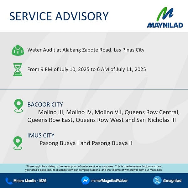 Maynilad sets water interruption in Cavite, South Metro