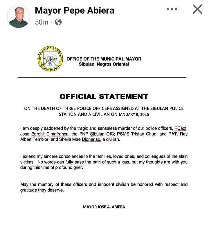 Negros Oriental mayor mourns slain policemen, civilian in Sibulan shooting