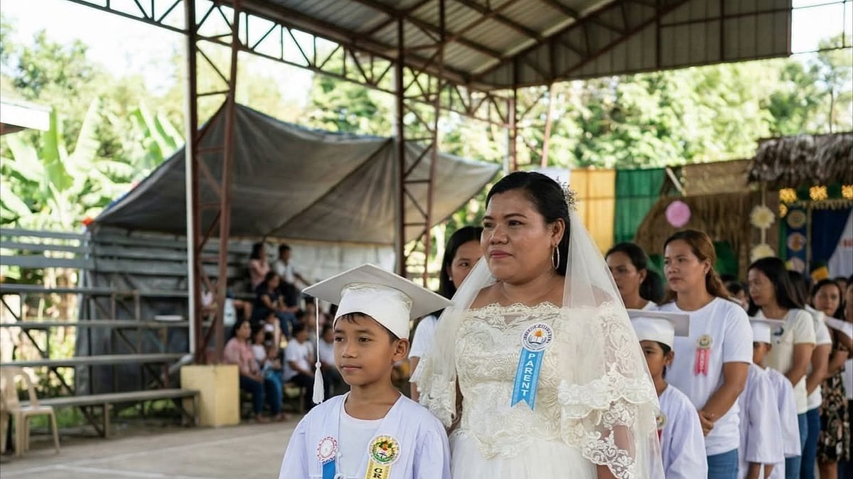 Mom in Wedding Gown at Sons’ Graduation Goes Viral in Mariveles, Bataan