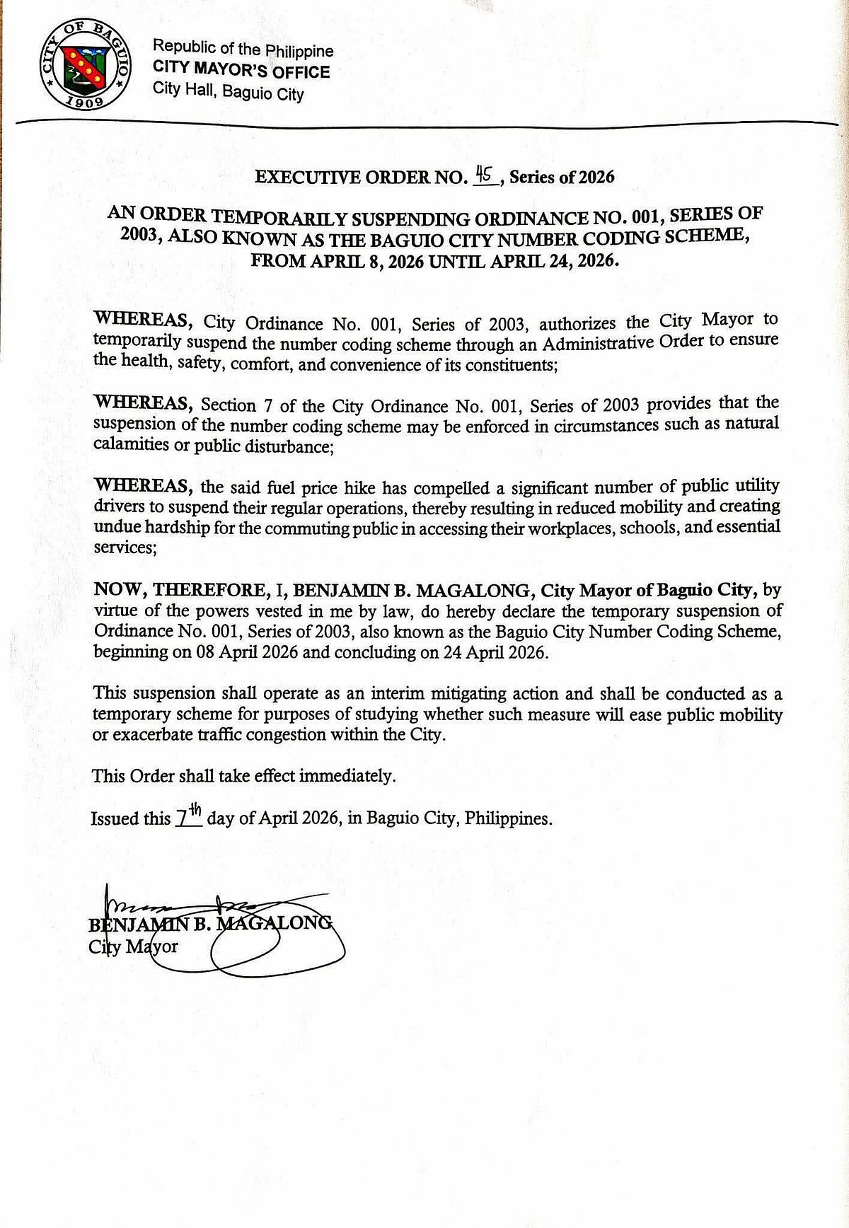 Baguio Suspends Number Coding Scheme April 8–24, 2026 to Ease Fuel ...