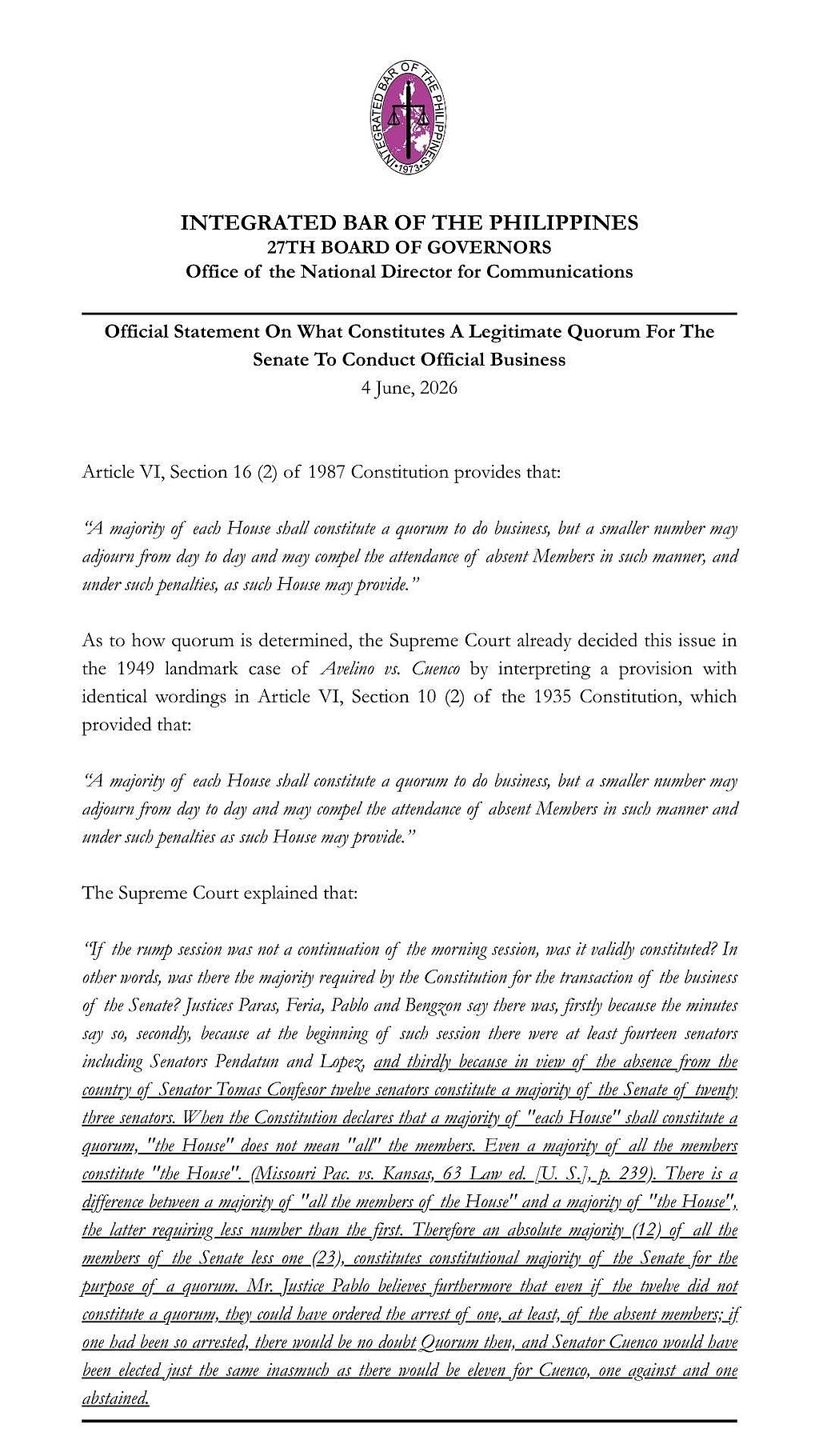 Is a 12-Senator Quorum Valid? IBP Weighs In on Senate Session