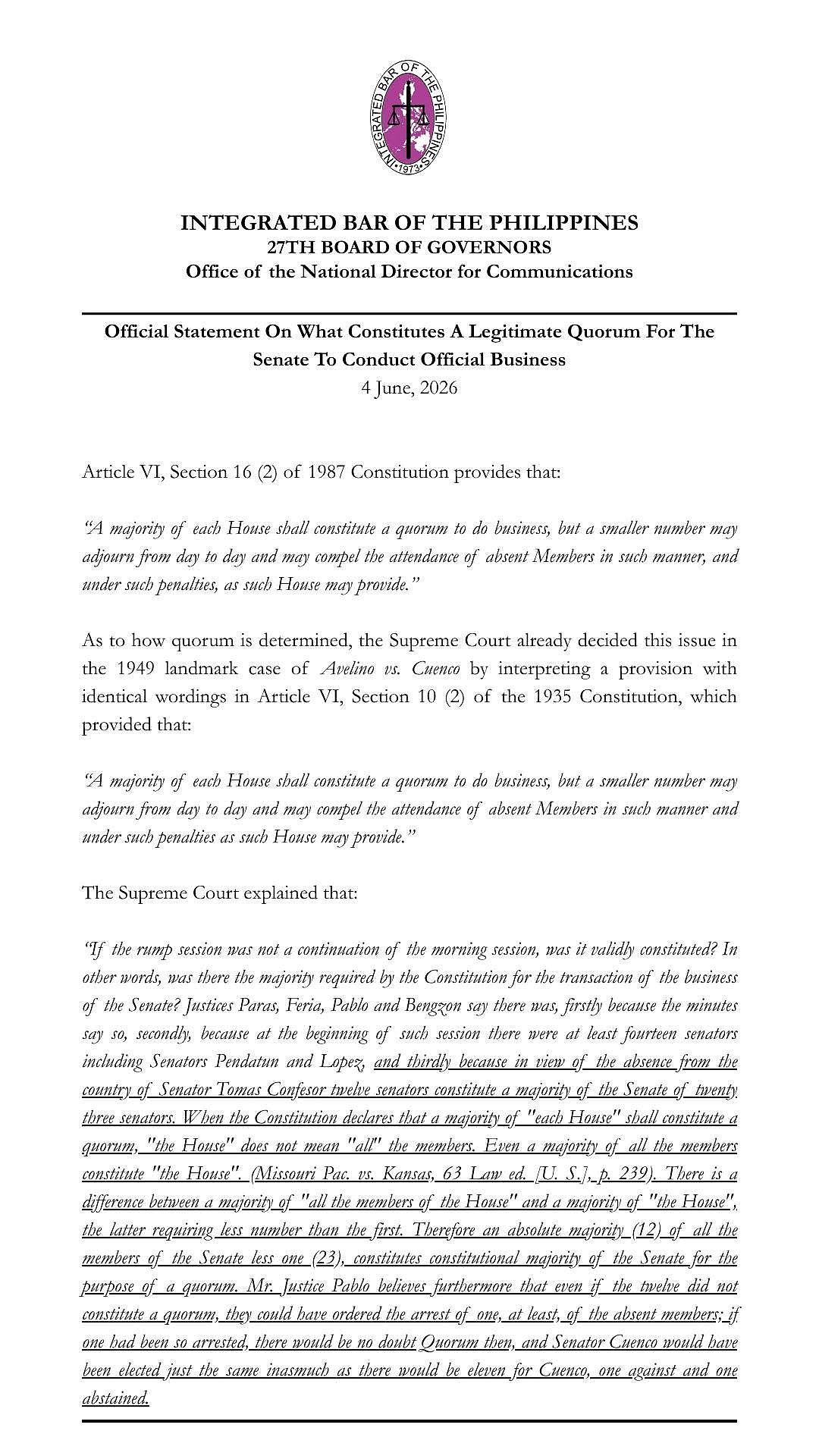 Is a 12-Senator Quorum Valid? IBP Weighs In on Senate Session