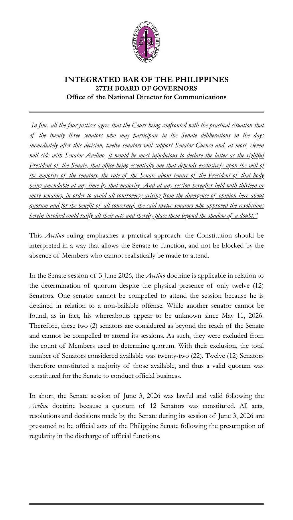 Is a 12-Senator Quorum Valid? IBP Weighs In on Senate Session