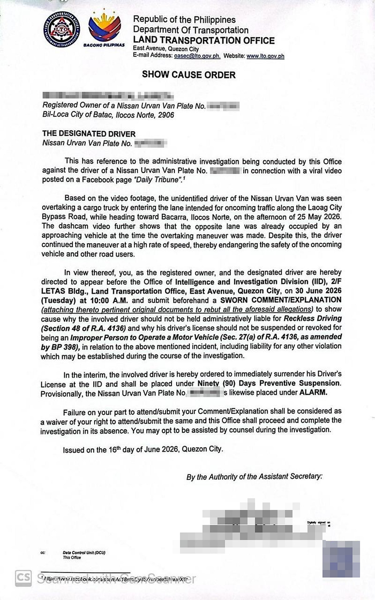 LTO Issues Show Cause Order Over Viral Laoag Overtaking Video