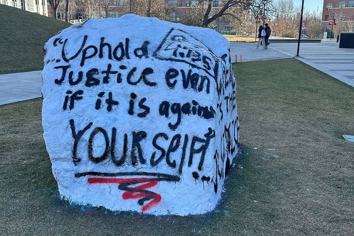 Remembrance Day rocks painted over for Palestine at U Calgary: to read ...