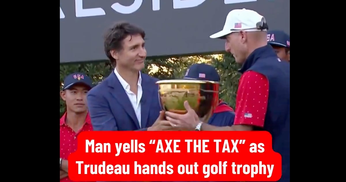 WATCH: Heckler shouts axe the tax at Trudeau at Montreal golf event
